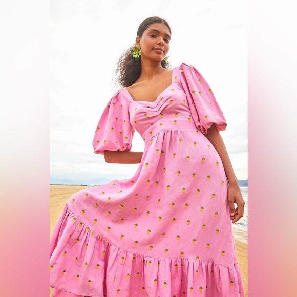 FARM Rio | Dresses | 325 Farm Rio Pineapple Embroidered Pink Ruffle ...